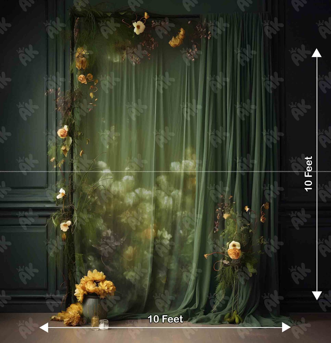Fabric Portrait Backdrop - Green Drape Floral