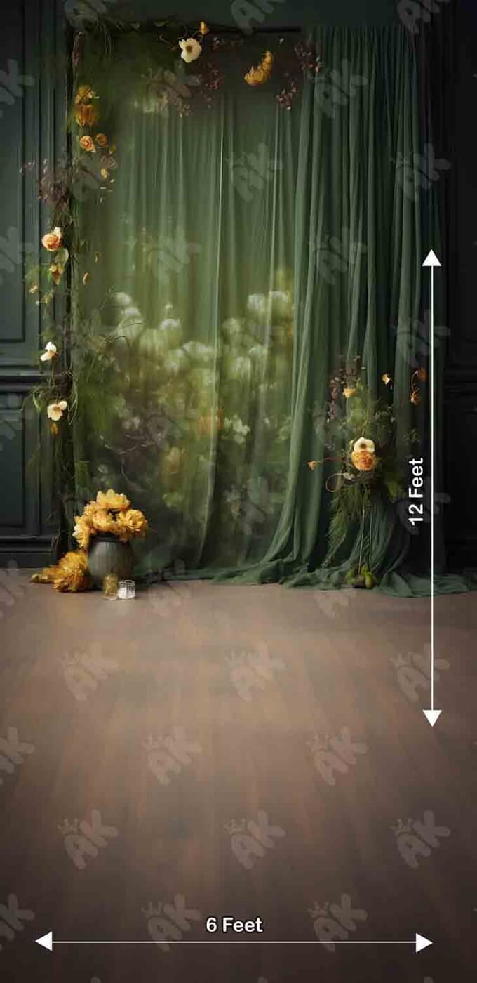 Fabric Portrait Backdrop - Green Drape Floral