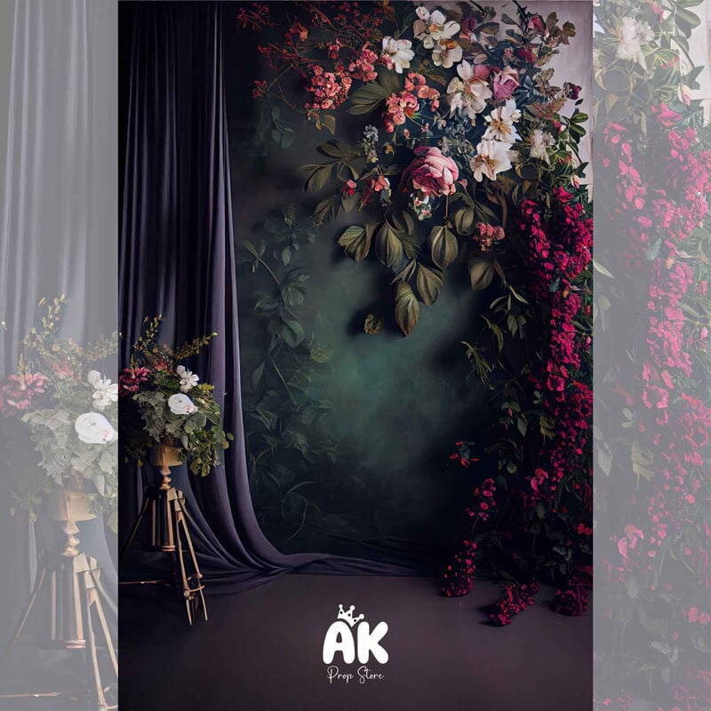 Fabric Portrait Backdrop - Green Floral Curtain